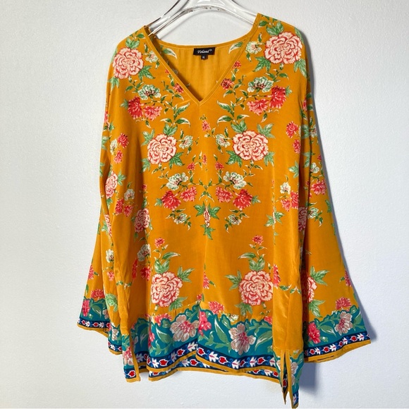 Tolani | Tops | Tolani Collection Silk Blouse Xl Yellow Teal Boho ...